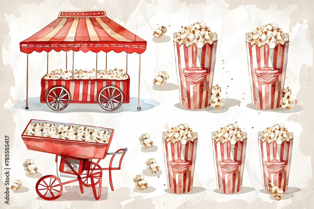 popcorn, popcorn trolly, popcorn cart watercolor clipart with white ...