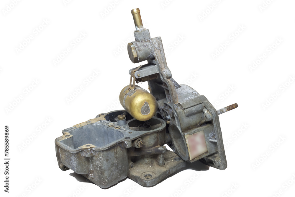 old carburetor, disassembled. float bowl and air intake horns assembly ...