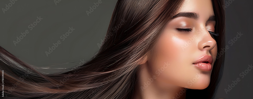 A beautiful woman with long hair in the wind, hair floating up, hair ...