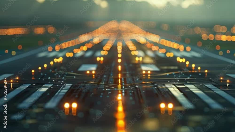 The runway in airport in the night. Shiny blurred lights of airplane ...