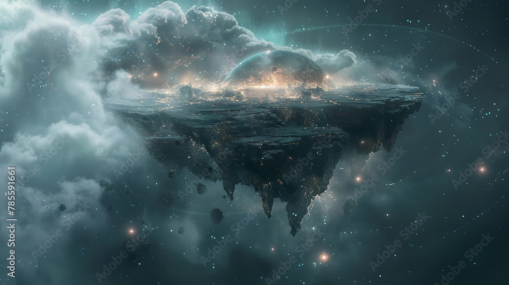 An ethereal floating island in the expanses of interstellar space, with ...