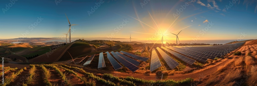 A panoramic vista showcases solar panels and wind turbines set amidst a ...