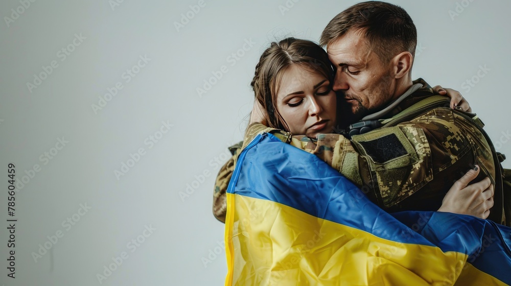 Ukrainian couple who met after the war. military man in uniform hugs ...