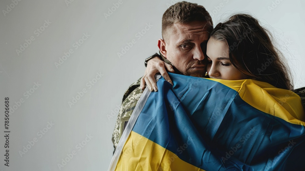 Ukrainian couple who met after the war. military man in uniform hugs ...
