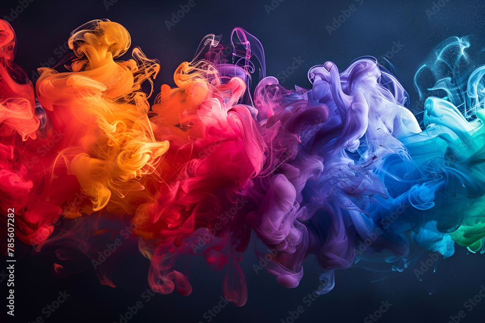 A colorful smoke trail with a rainbow of colors. The smoke is thick and ...