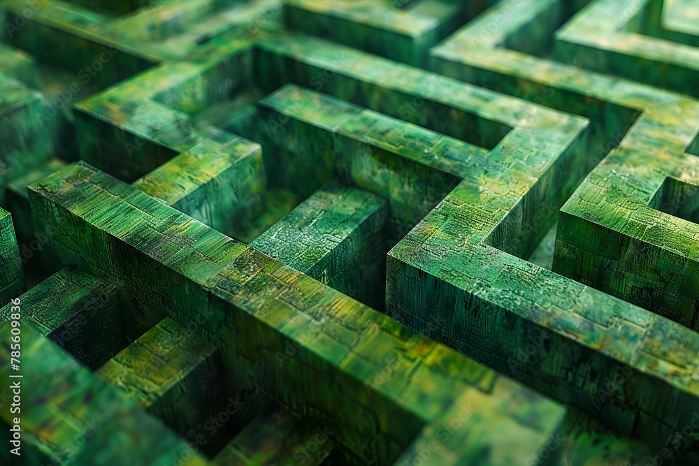 A green maze made of wood blocks. The blocks are arranged in a way that ...