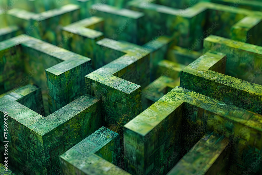A green maze made of wood blocks. The blocks are arranged in a way that ...
