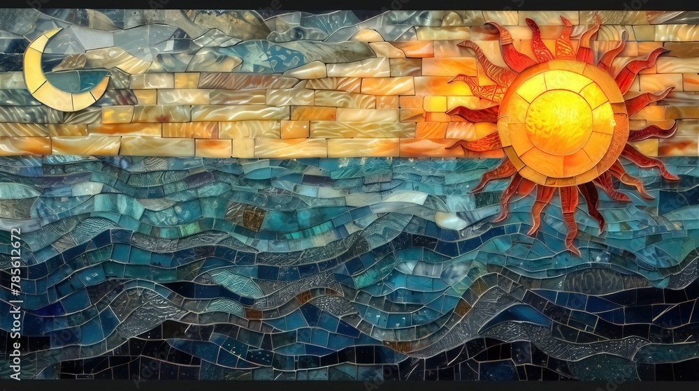 An ocean-themed mosaic art piece, featuring a marine mosaic with a sun ...