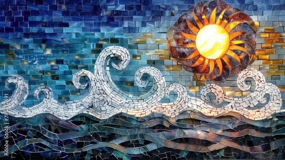 An ocean-themed mosaic art piece, featuring a marine mosaic with a sun ...