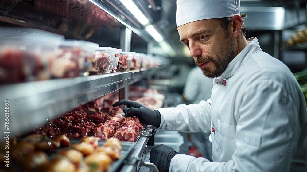Focused male butcher in a chef's uniform measures the temperature of ...