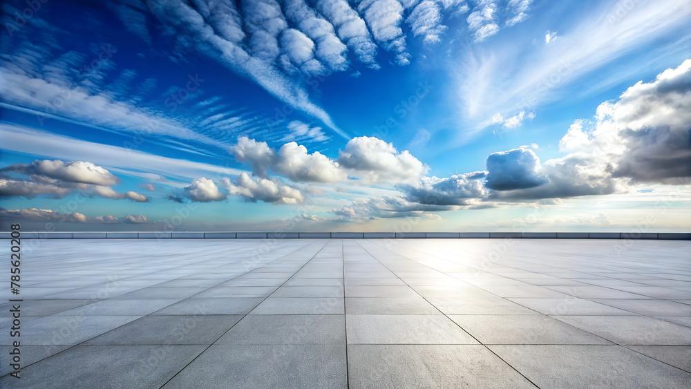 An expansive sky with streaks of clouds stretches above a wide, tiled ...