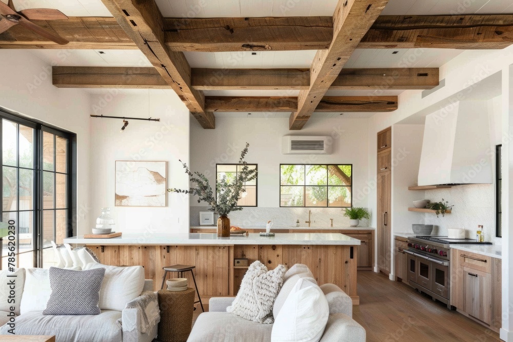 A simple and clean living room with wooden beams on the ceiling, white ...