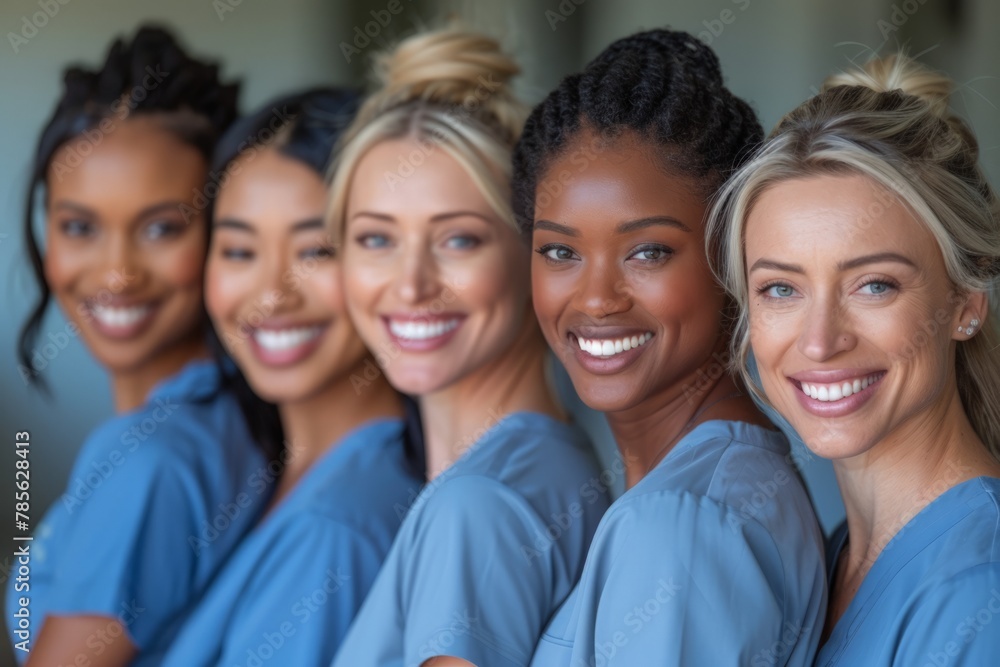 A group of female medical professionals wearing scrubs stand together ...