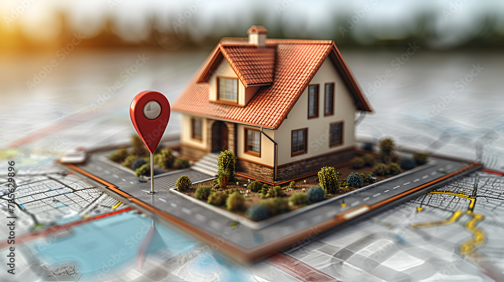 Modern House with Location Pin Icon on White Back, New map location ...