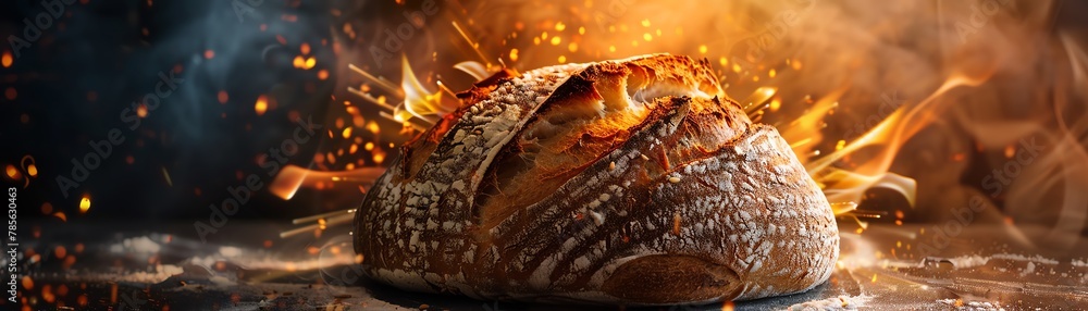 A freshly baked, crusty loaf of sourdough bread, cinematic, food ...