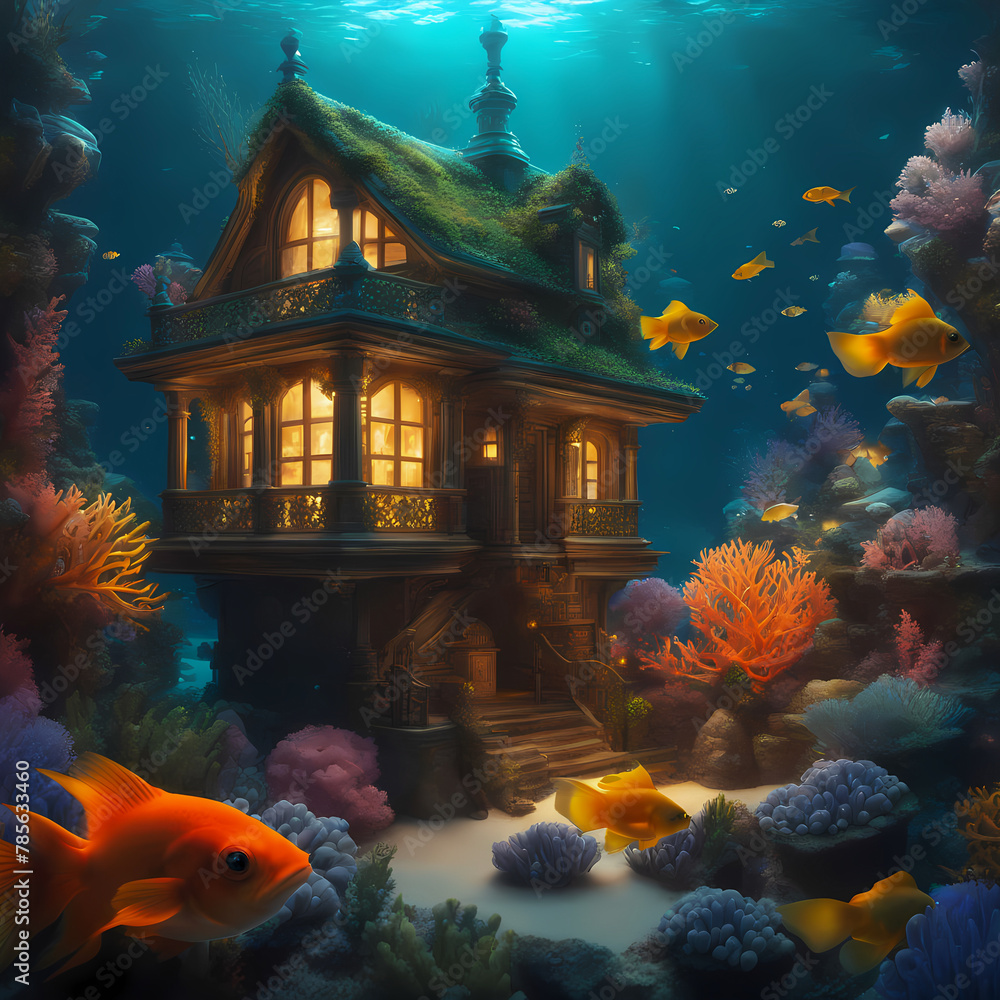 tropical fish in aquarium, underwater house glowing corals mini ...
