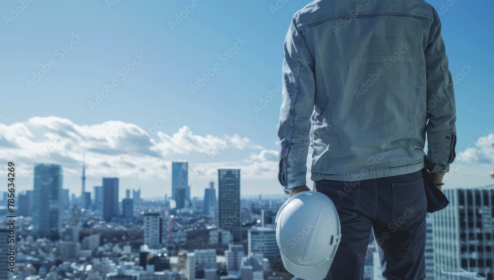 A Japanese construction worker wearing work holds his white helmet in ...