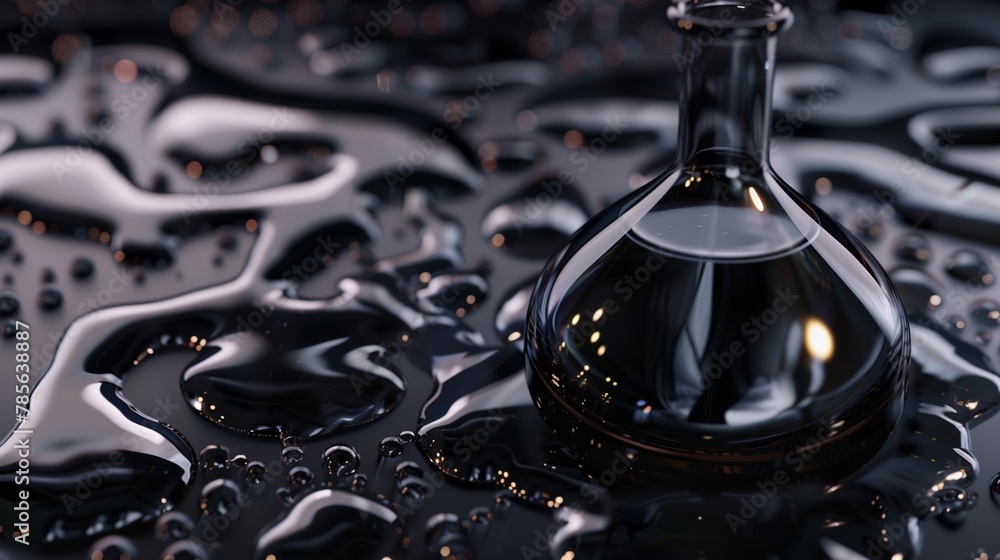 Scientific research concept with a clear glass flask filled with black ...