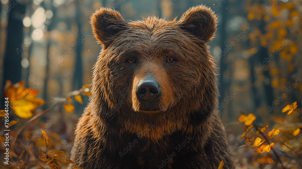 Brown bear portrait in the forest: A wild grizzly bear with furry brown ...