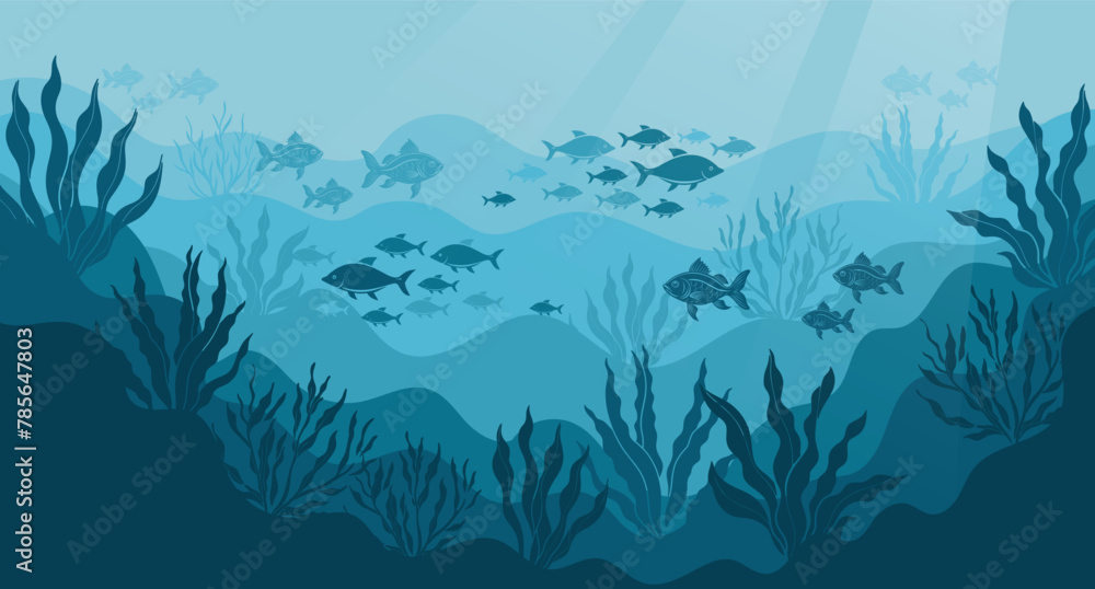 Underwater ocean landscape, algae and reefs, silhouette of a school of ...