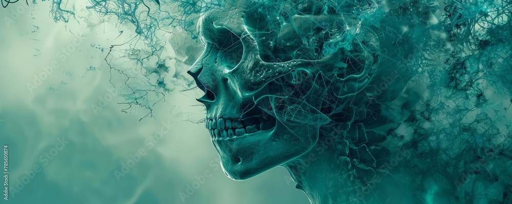 A visionary depiction of a human with a translucent skull, neural lace ...