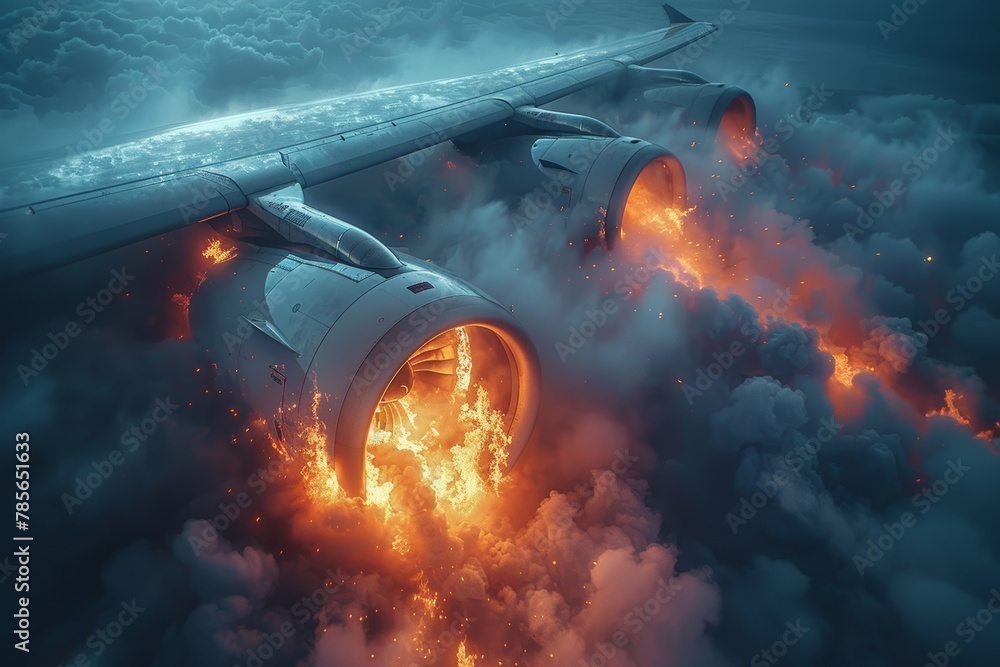 Illustrations of a passenger plane's wing with a burning jet engine ...