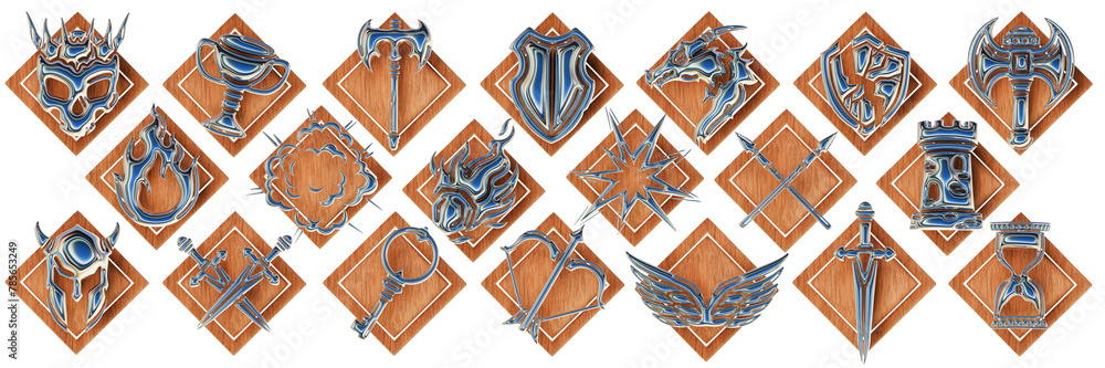 Fantasy game badge set, 3D UI RPG icon kit, wood shield, chrome metal ...
