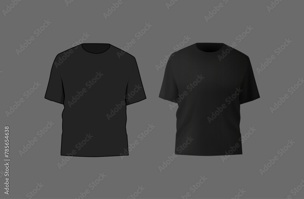 Basic black t-shirt mockup. Front and back view. Blank textile print ...