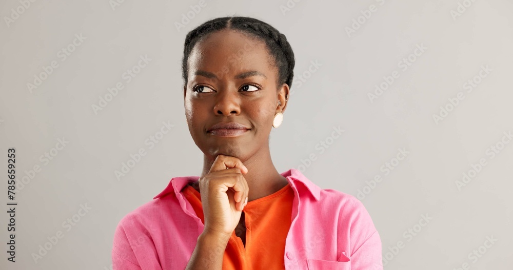 Smile, thinking and black woman in studio with idea, solution or ...