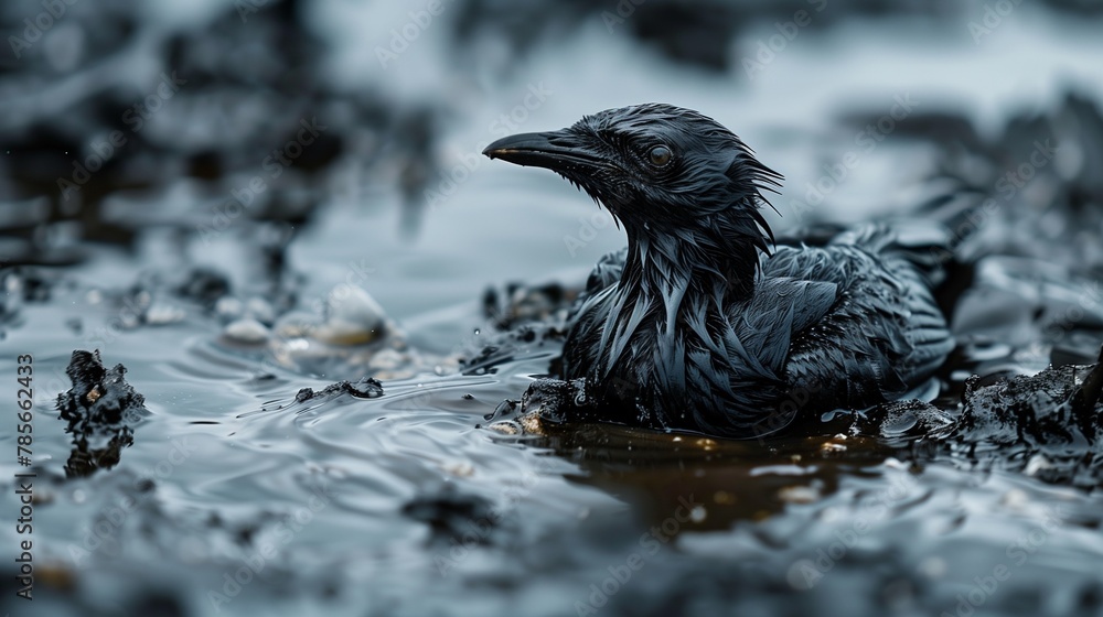 Bird, its feathers matted and coated with sticky black crude oil ...