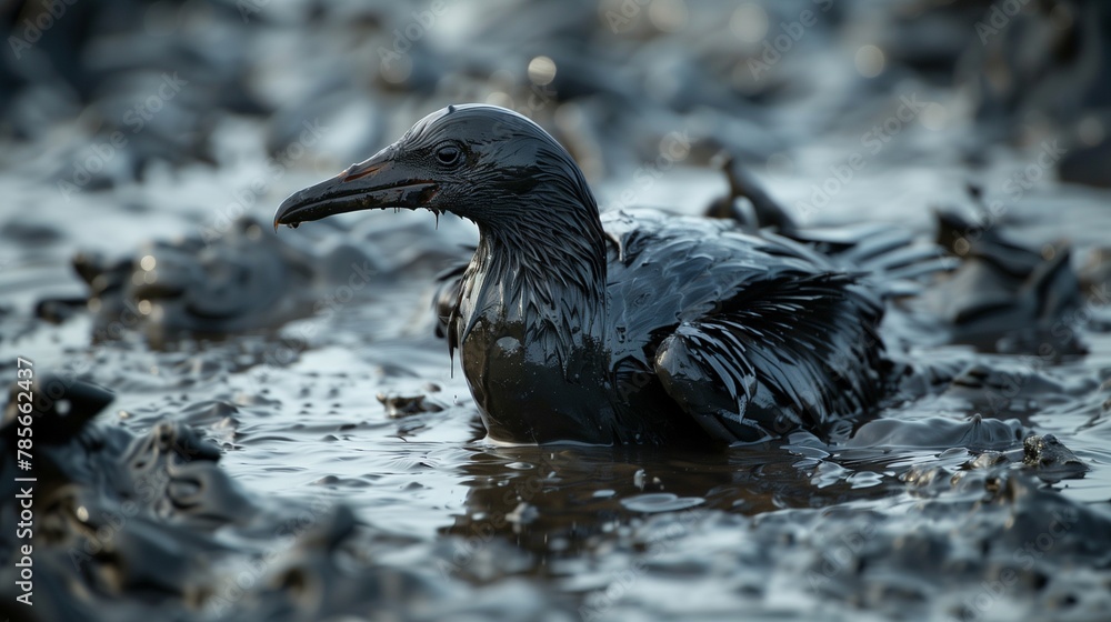 Bird, its feathers matted and coated with sticky black crude oil ...