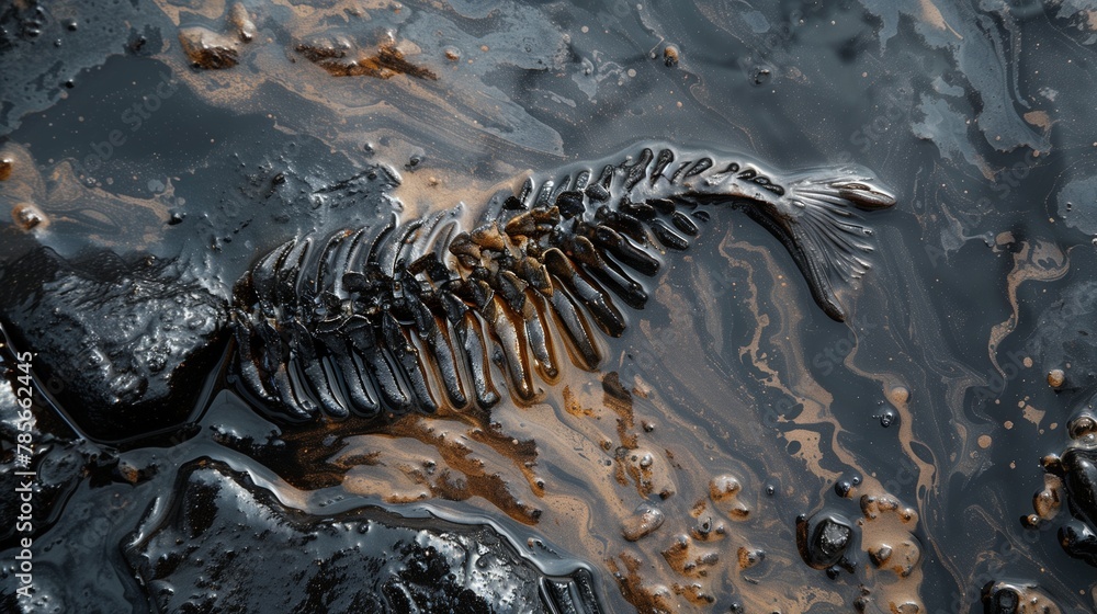 A stark image depicting a fish skeleton submerged in thick, black crude ...
