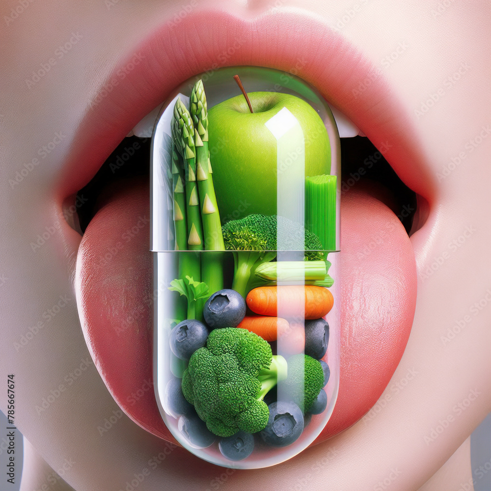 Vitamin pill capsule with fruits, vegetables and berries. Nutrition ...