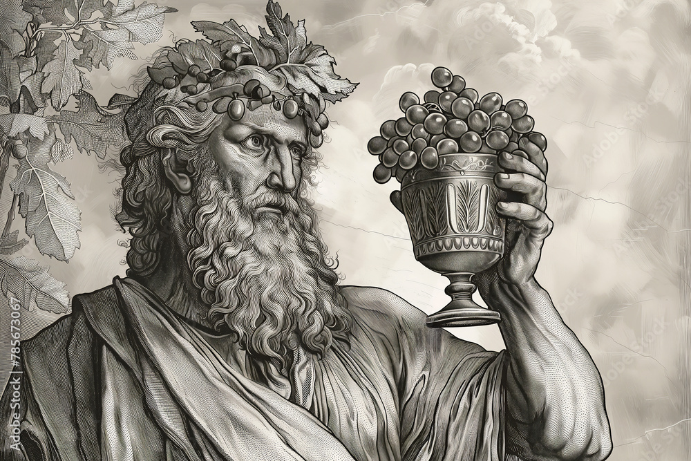 Engraved portrait of Bacchus the Roman god of wine who's father was ...