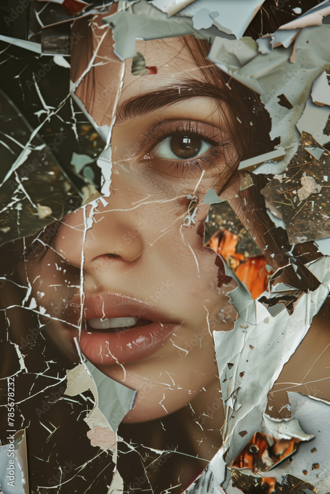 Fragmented Reality: A Woman Behind Shattered Glass. Generative AI image ...
