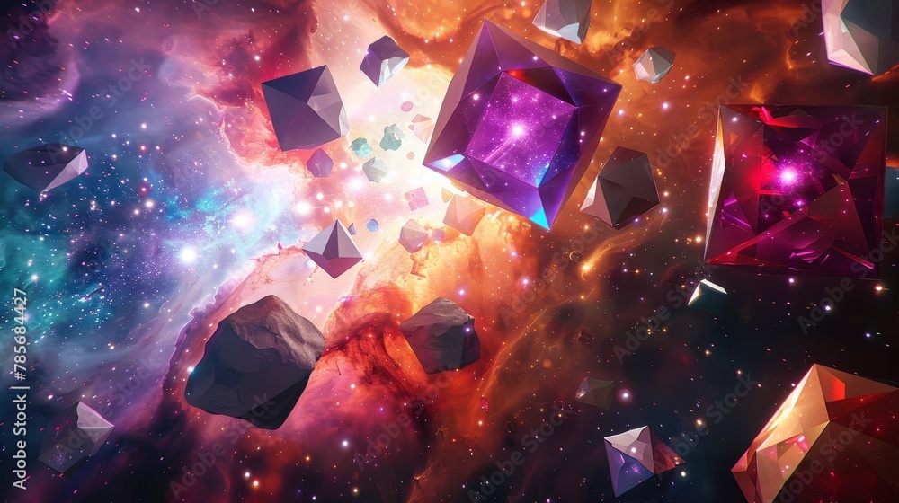 Vibrant geometric shapes floating in a cosmic void of swirling galaxies ...