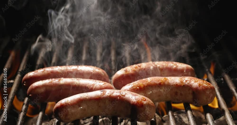 Close-up. Flames seep through grill grate, cooking juicy sausages ...