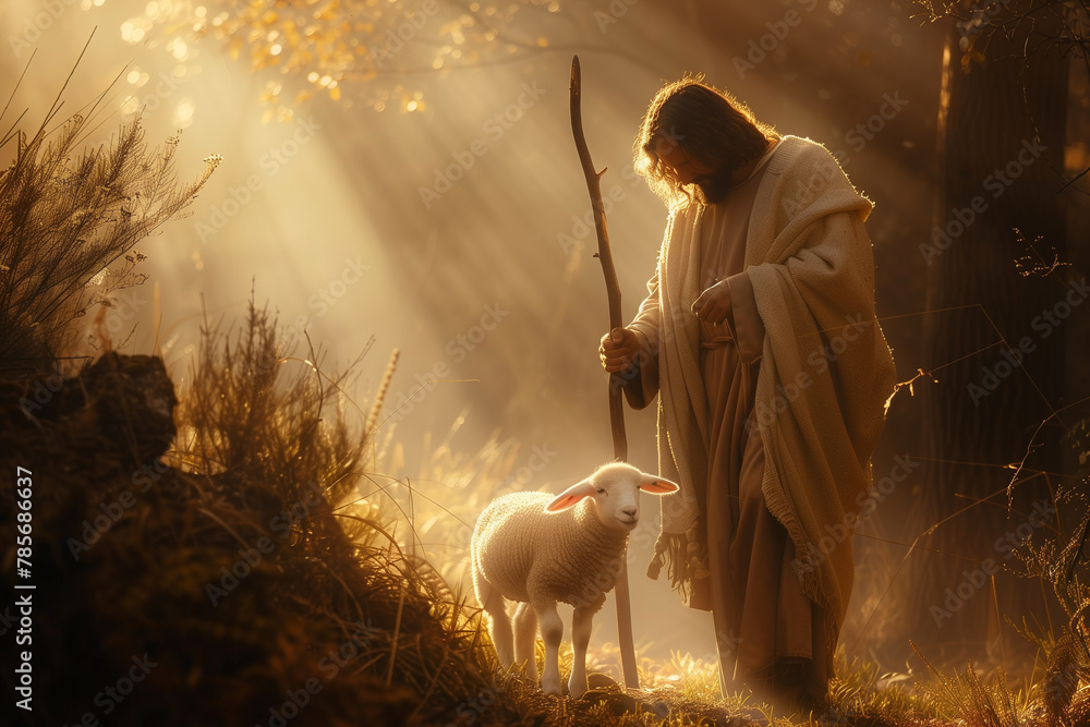 comforting photo of Shepherd Jesus Christ gently guiding a lost lamb ...