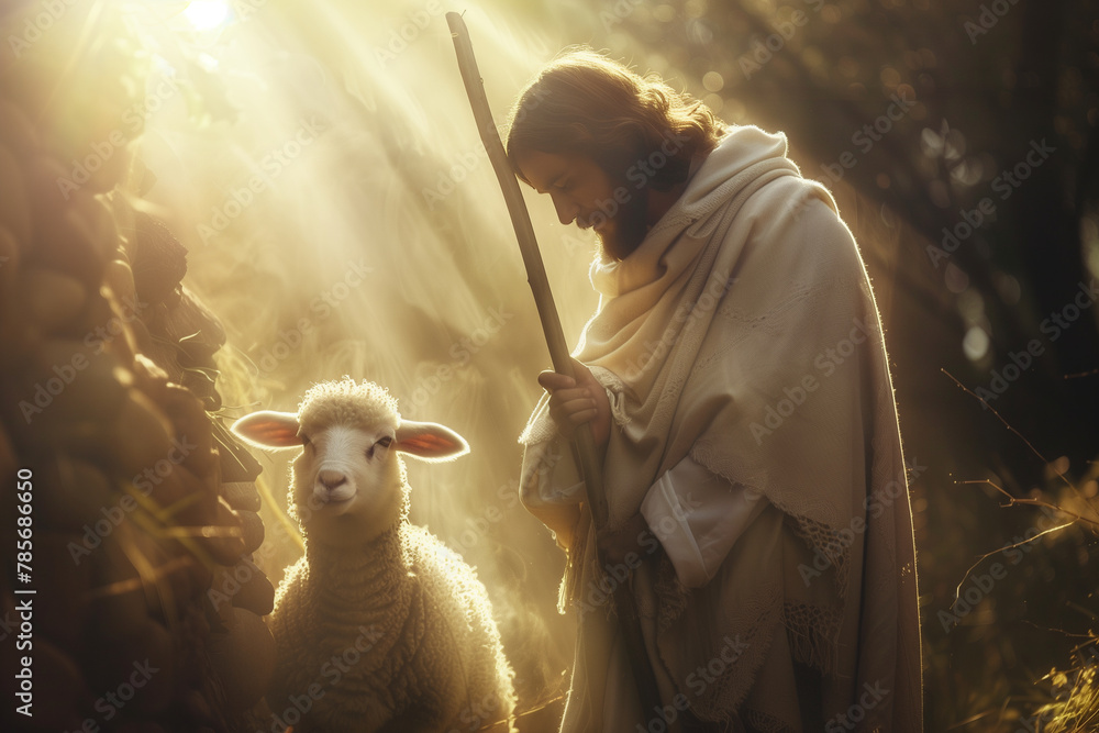 comforting photo of Shepherd Jesus Christ gently guiding a lost lamb ...