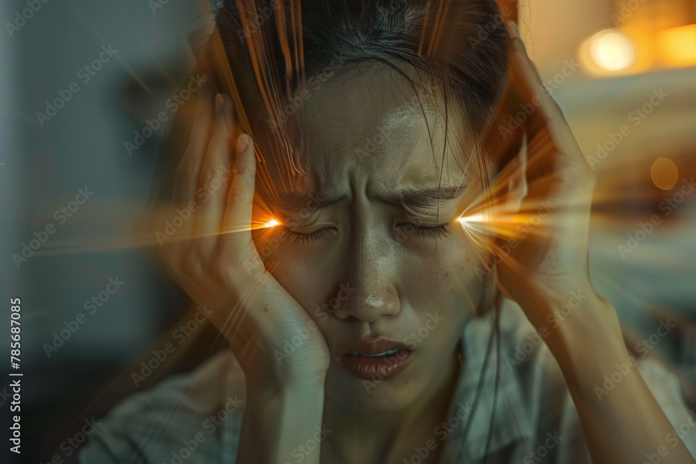 Woman wincing from a severe headache, hand on temples, muted lighting ...