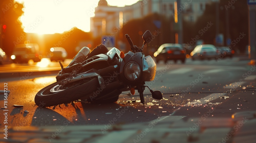 A devastating traffic collision scene showing a damaged motorcycle ...