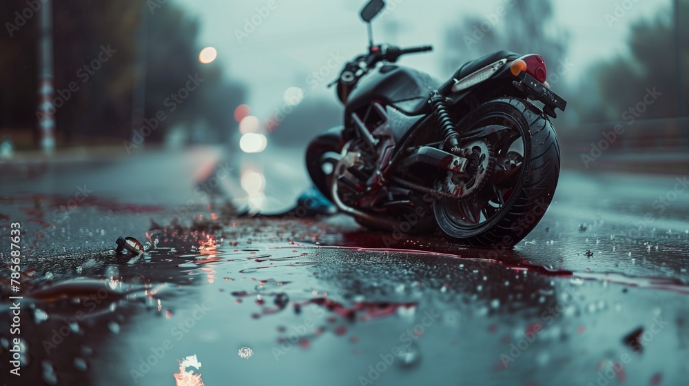 A devastating traffic collision scene showing a damaged motorcycle ...