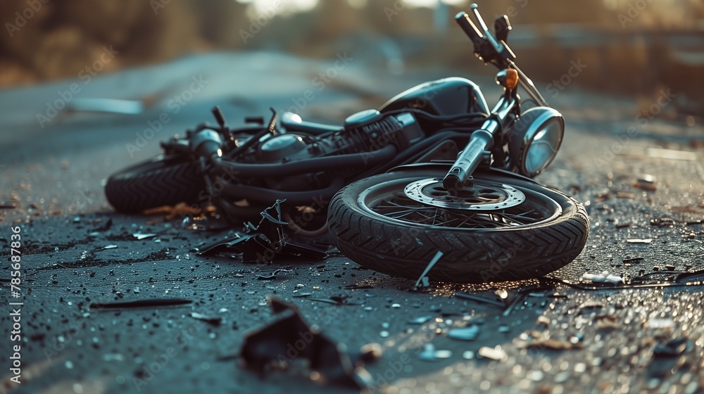 A devastating traffic collision scene showing a damaged motorcycle ...