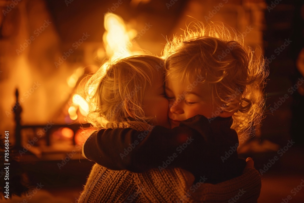 Realistic image of twin siblings sharing a tender hug in front of a ...