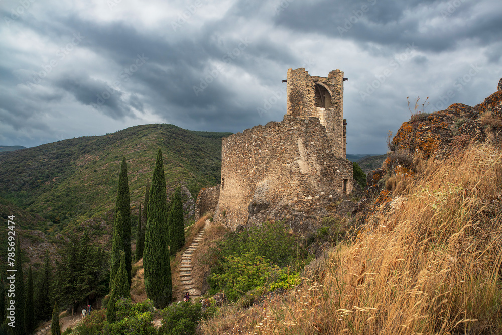 Ruins of the medieval castle of Lastours, in the Cathar region of ...