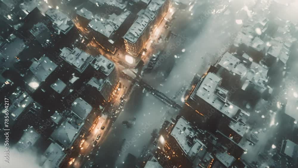 An overhead perspective of a city covered in snow, featuring tall ...