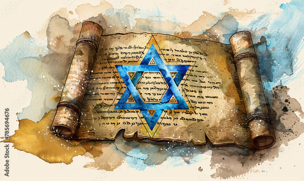 Old torah scroll with Star of David isolated on white background ...