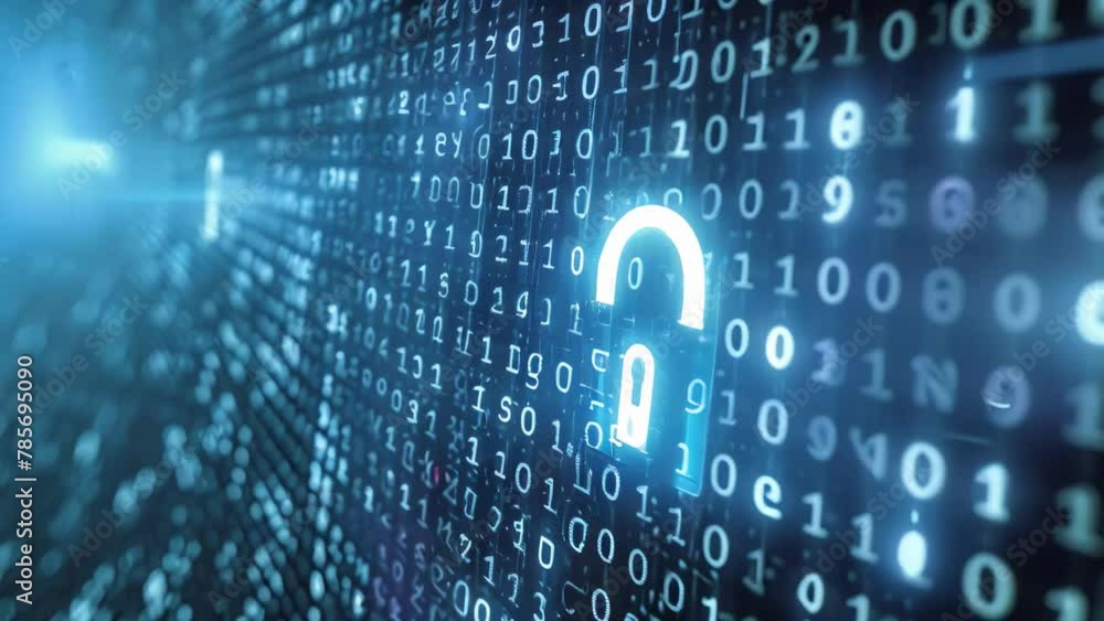 A close-up photo of a lock displayed on a screen, with numbers in the background, Computer code ...