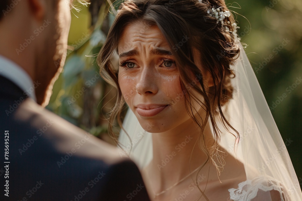 Up-close perspective of a brunette bride's tear-filled eyes as she says ...