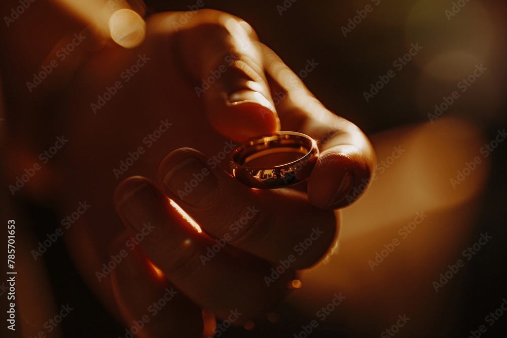 Intimate view of a hand removing a wedding ring, bathed in warm light ...